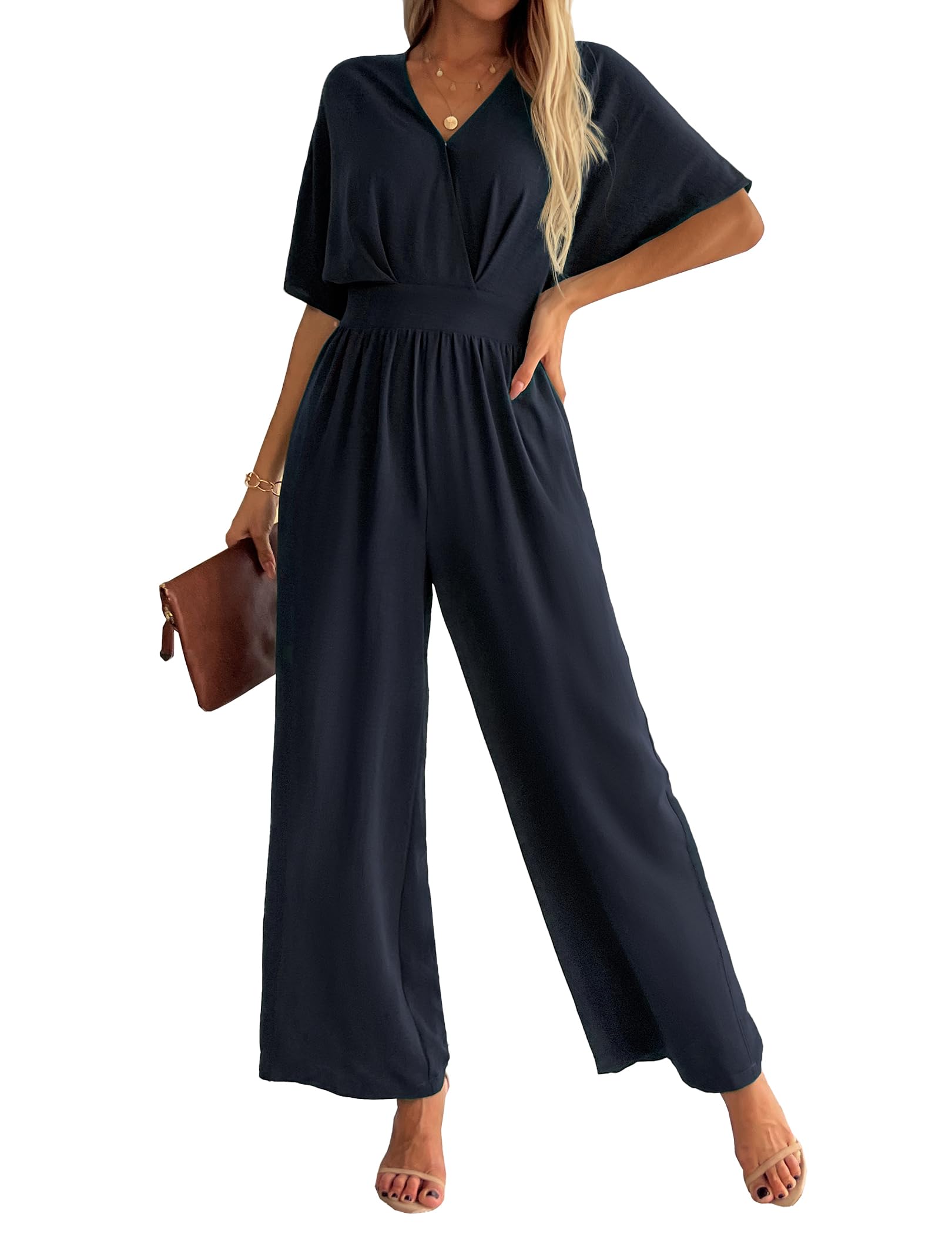 LOOKBOOK Womens Jumpsuit V Neck Batwing Sleeve Belted High Waist Wide ...