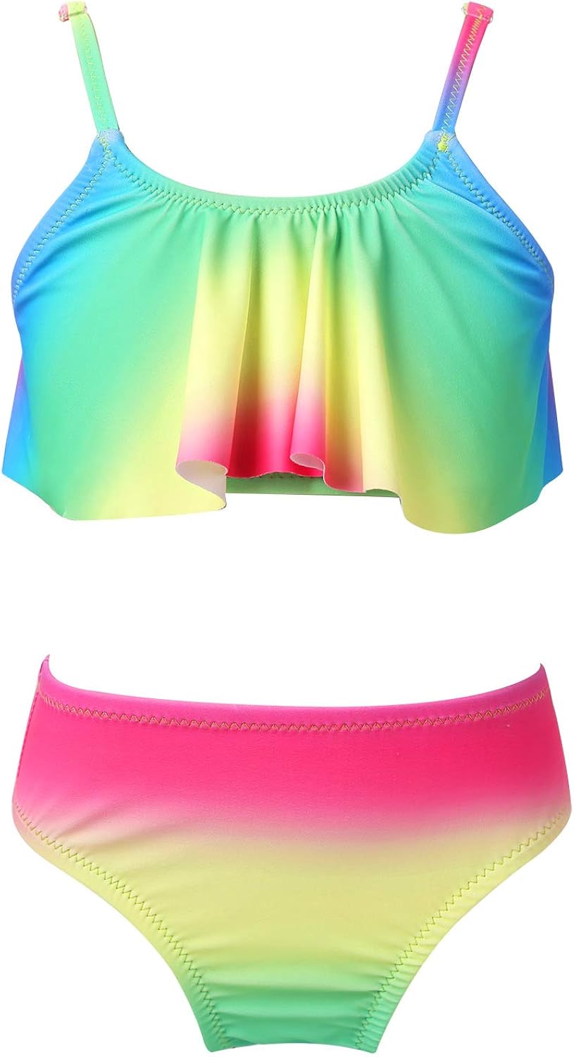 Moggemol Kids Girls 2 Piece Rainbow Tie Dye Tankini Set Flounce Top ...