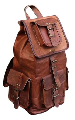 20" Retro Travel Rucksack Backpack Brown Leather Bag for Men Women in ...
