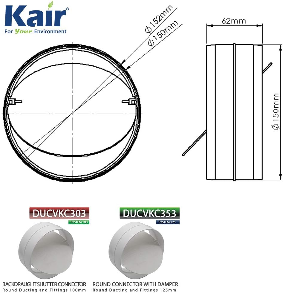 Kair Connector with Backdraught Shutter 150mm – 6 inch Non-Return Damper Flap to Connect Duct ...