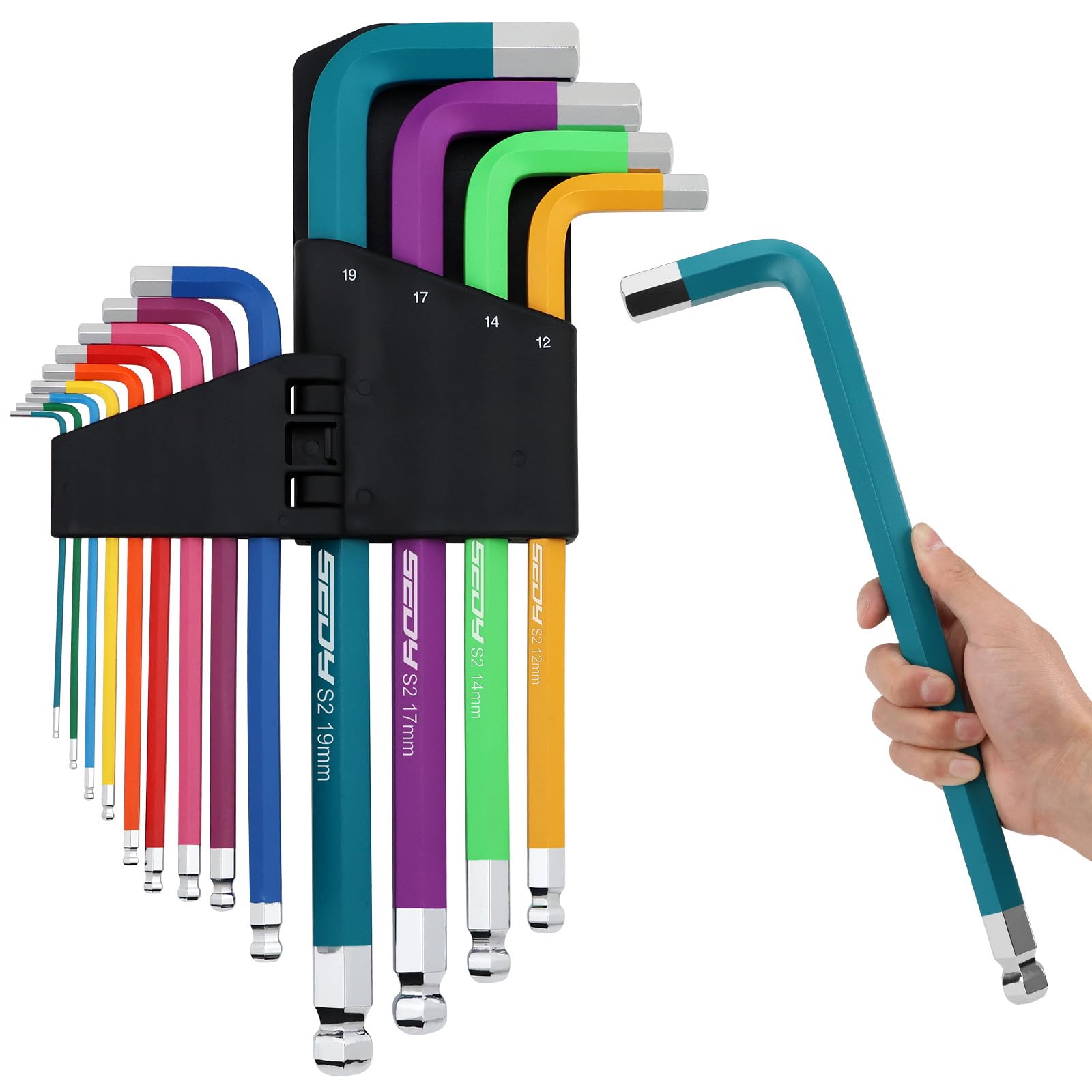 13-Piece Color Coding Jumbo Ball End Long Arm Hex-Key Large Allen Wrench Set, Metric (2-19MM ...