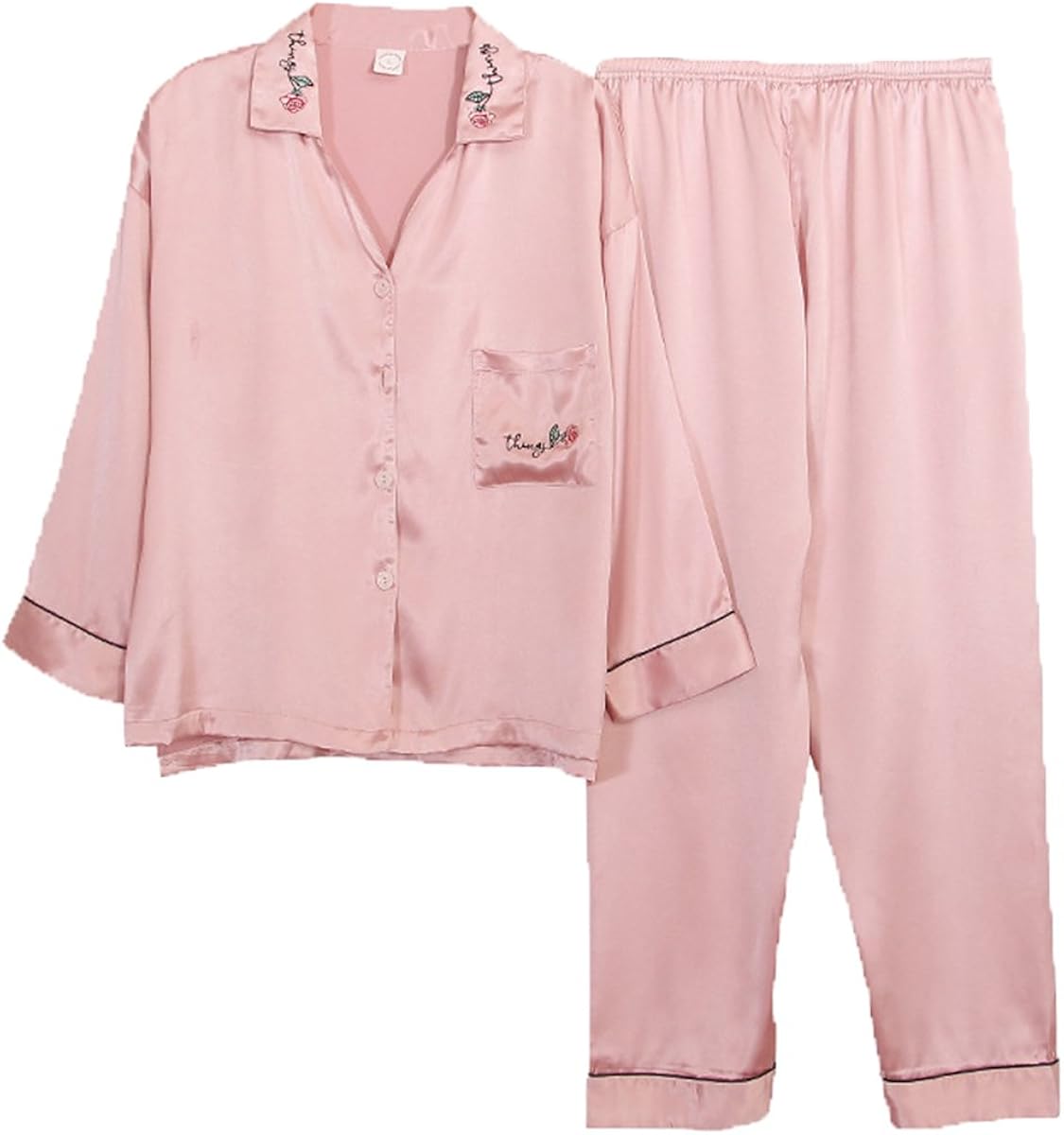 Ladies Satin Silk Pajamas,Long Comfy Sleepwear Set,Manual Embroidery ...