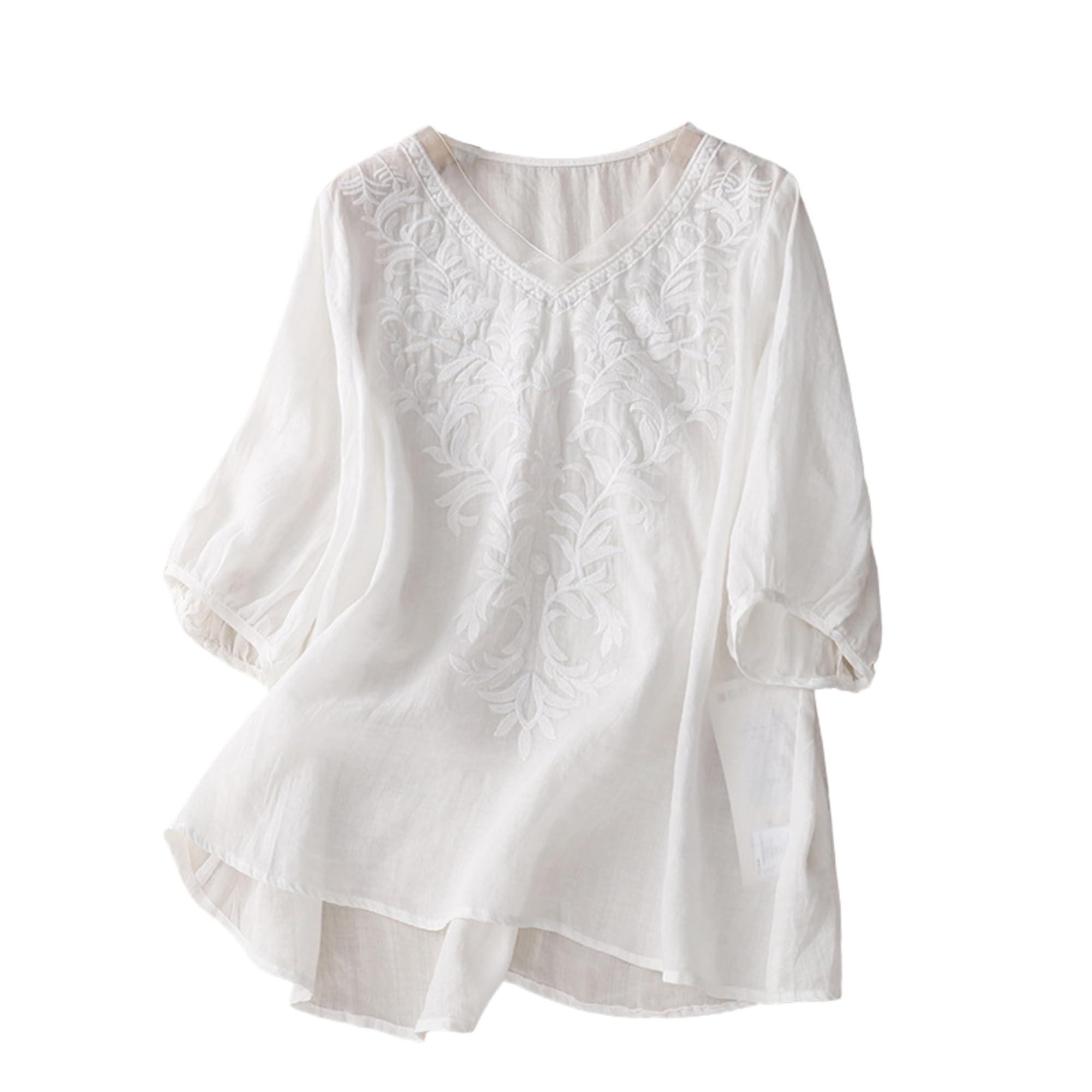 FindThy Women's Floral Embroidery Linen Shirts 3/4 Sleeve Round Neck ...