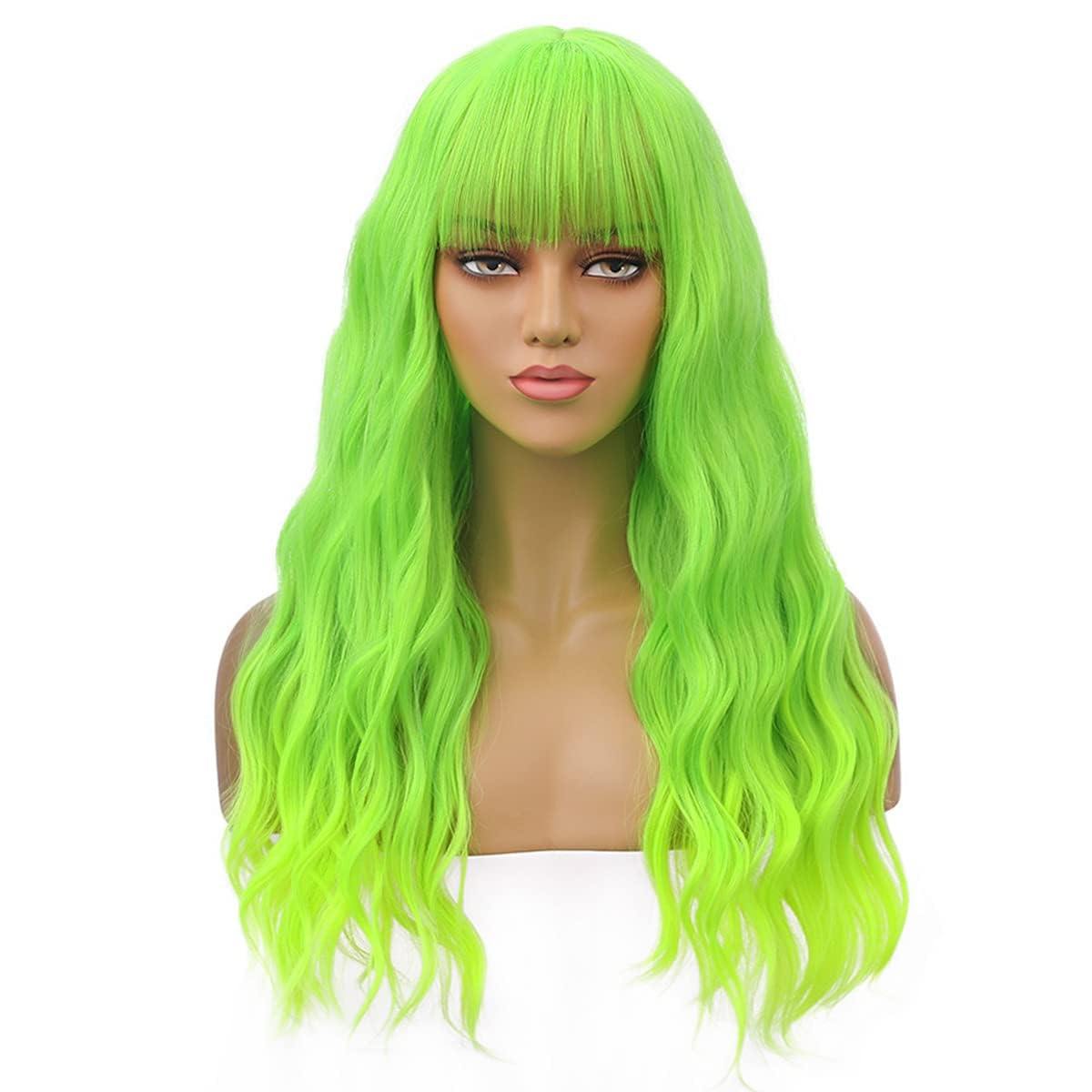 BERON 26 Inches Green Wig Long Curly Neon Green Wig with Bangs for ...