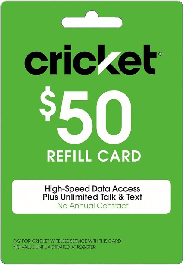 Amazon.com: Cricket Refill Card $50 Cricket Wireless Refill Card $50