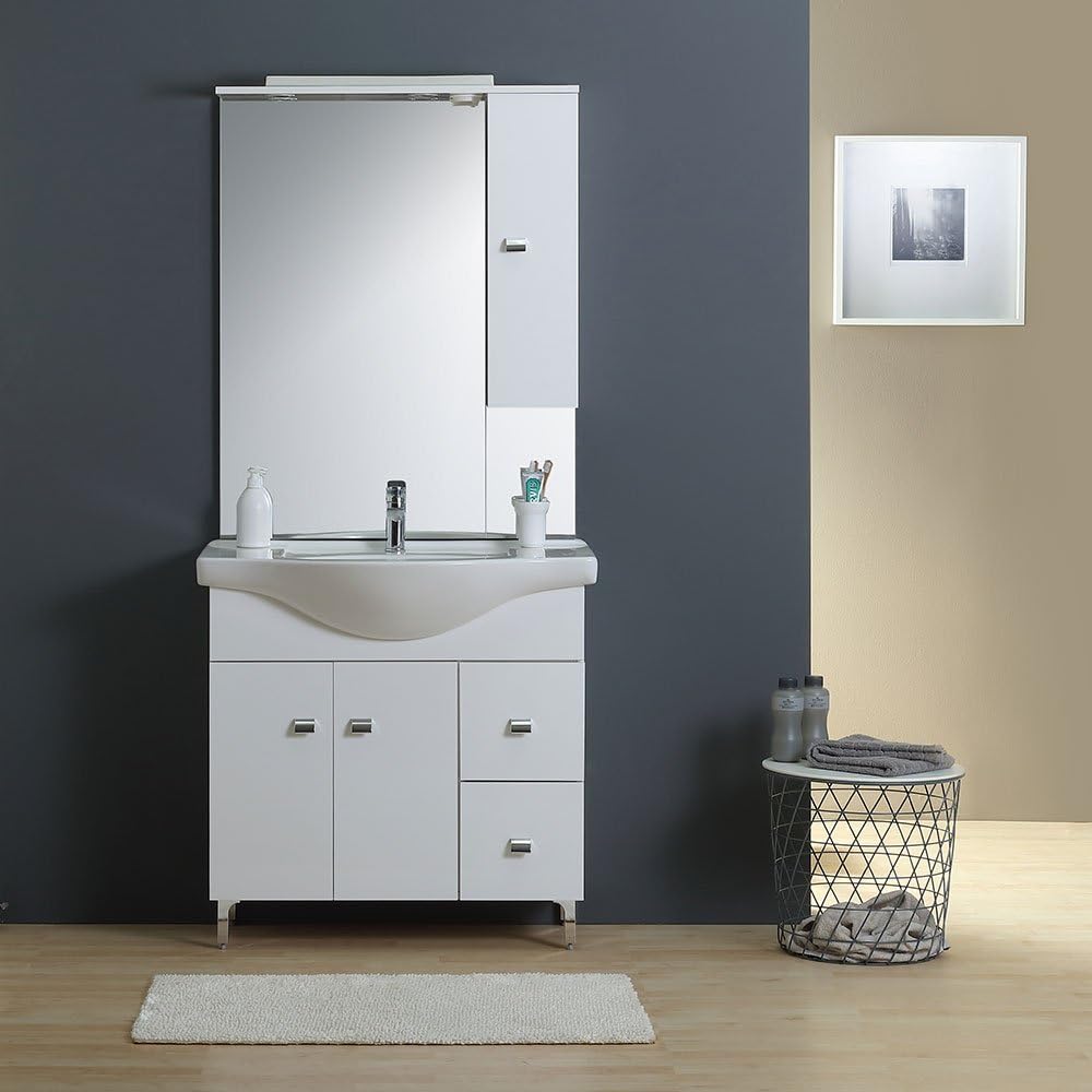 MOBILE BAGNO 85 CM A TERRA CON LAVABO SPECCHIO E PENSILE BIANCO: Amazon ...