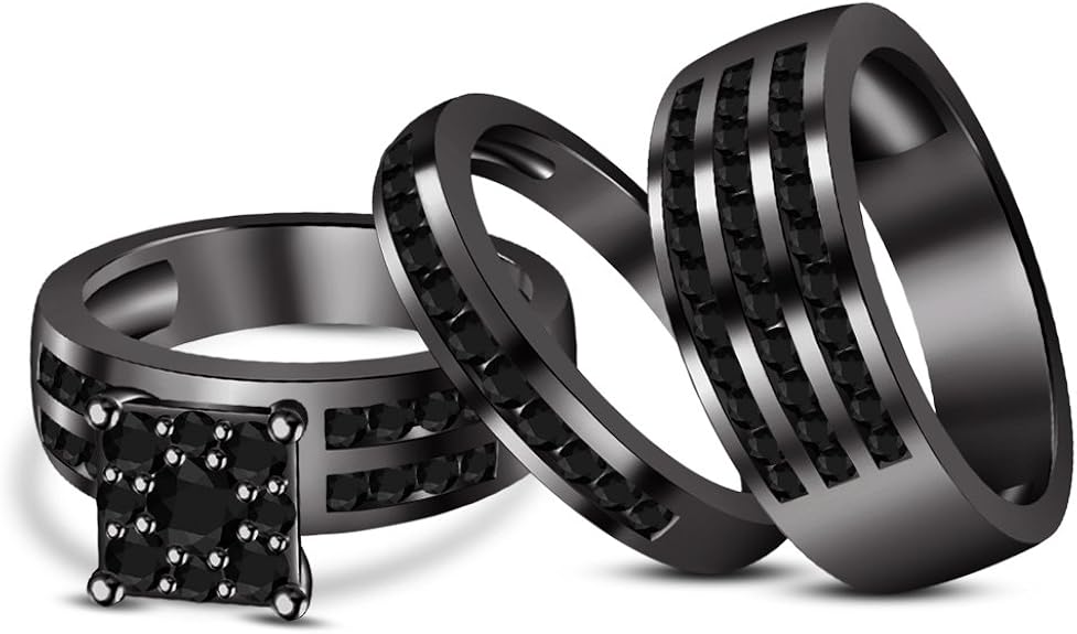 TVS-JEWELS Black Rhodium Plating 3PCS Engagement Trio Ring Set for ...