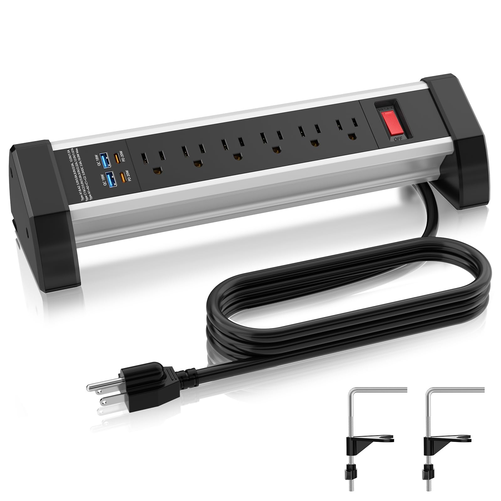 QBA Desk Clamp Power Strip USB C PD 20W, 6 Outlet Desk Mount Power ...