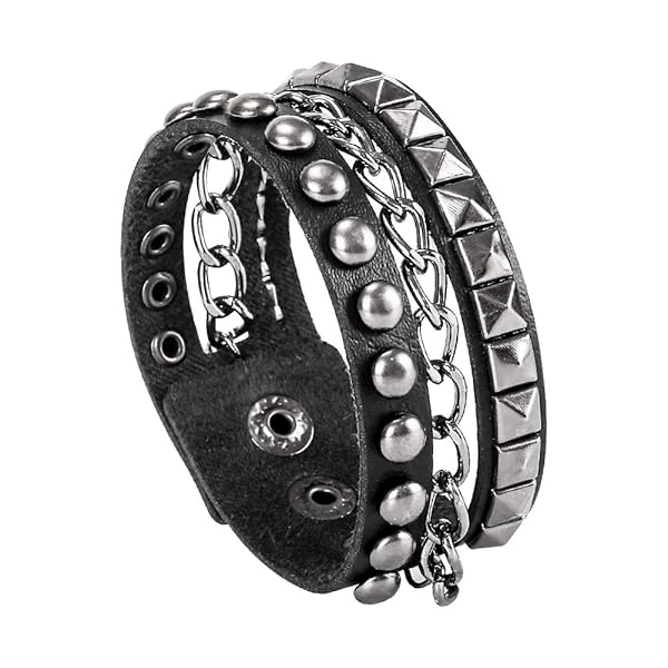 Spike Rivets Cuff Bangle - Goth Black Leather Bracelet with Metal ...