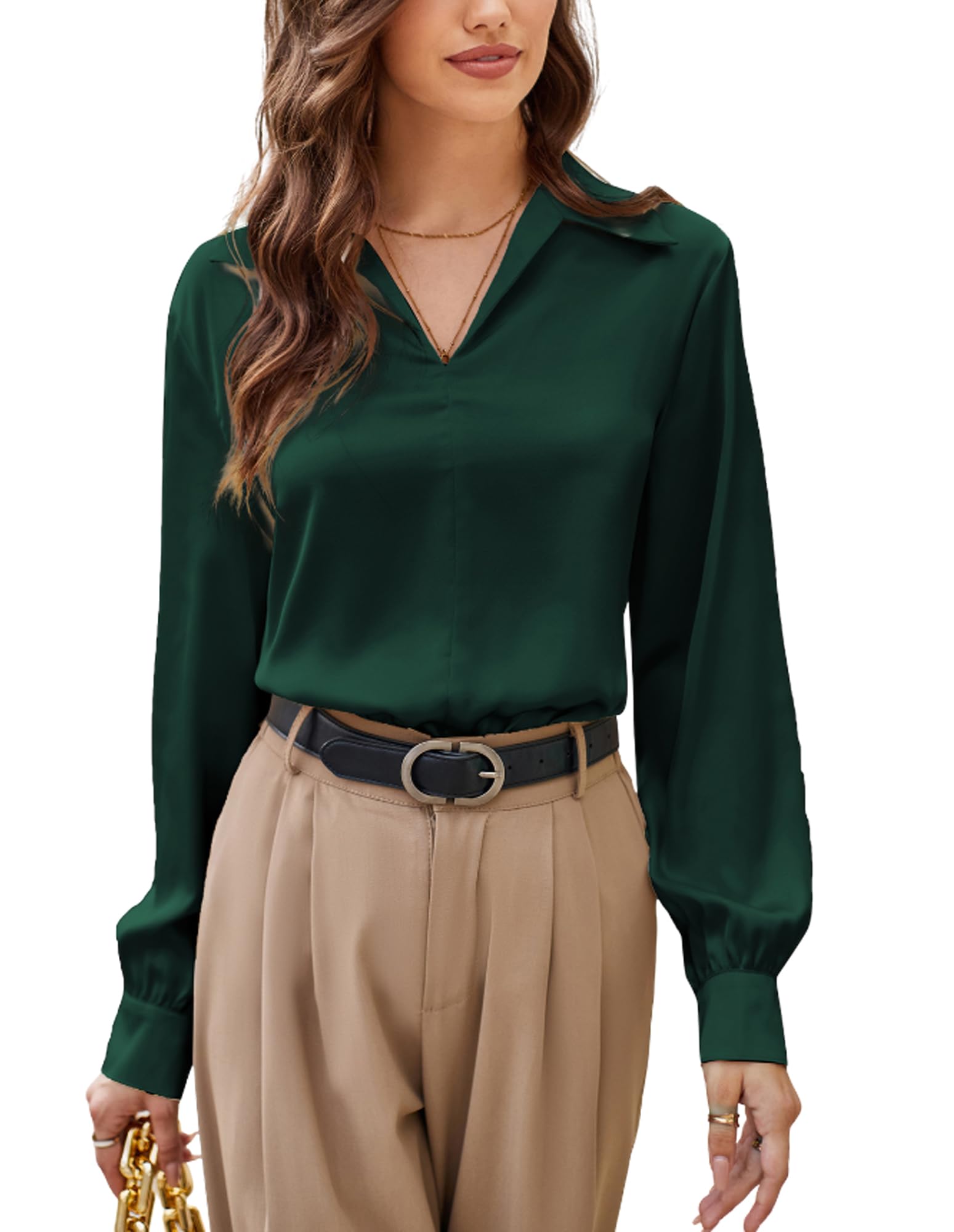Womens Dressy Blouses Collared V Neck Long Sleeve Silk Work Blouse ...