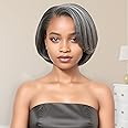 Amazon.com : HANASCC 8" Glueless Straight Bob Salt and Pepper Wigs Human Hair Pre Plucked Gray ...