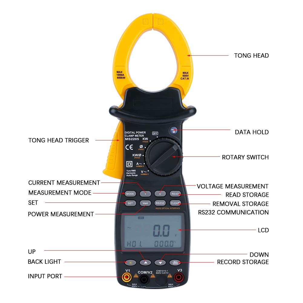MS2205 Clamp Meter,3-phase Clamp-type Digital Power Meter,with RS232 ...