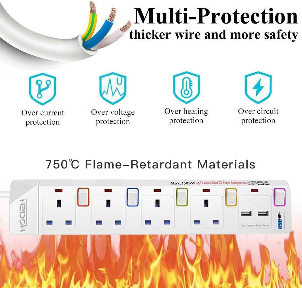 Mscien Extension Lead Individual Switches with USB, 4 Gang Outlets 2 ...