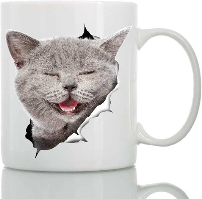 Amazon.com: Laughing Grey Cat Coffee Mug - Ceramic Funny Coffee Mug ...