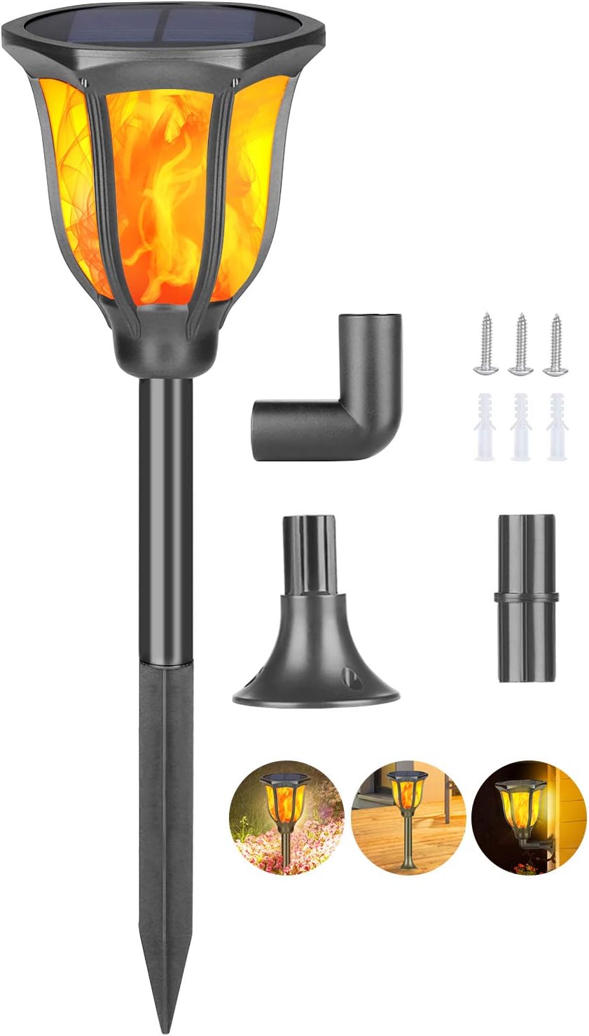 Solar Torch Light with Flickering Flame, Qoolife Waterproof 96 LED ...