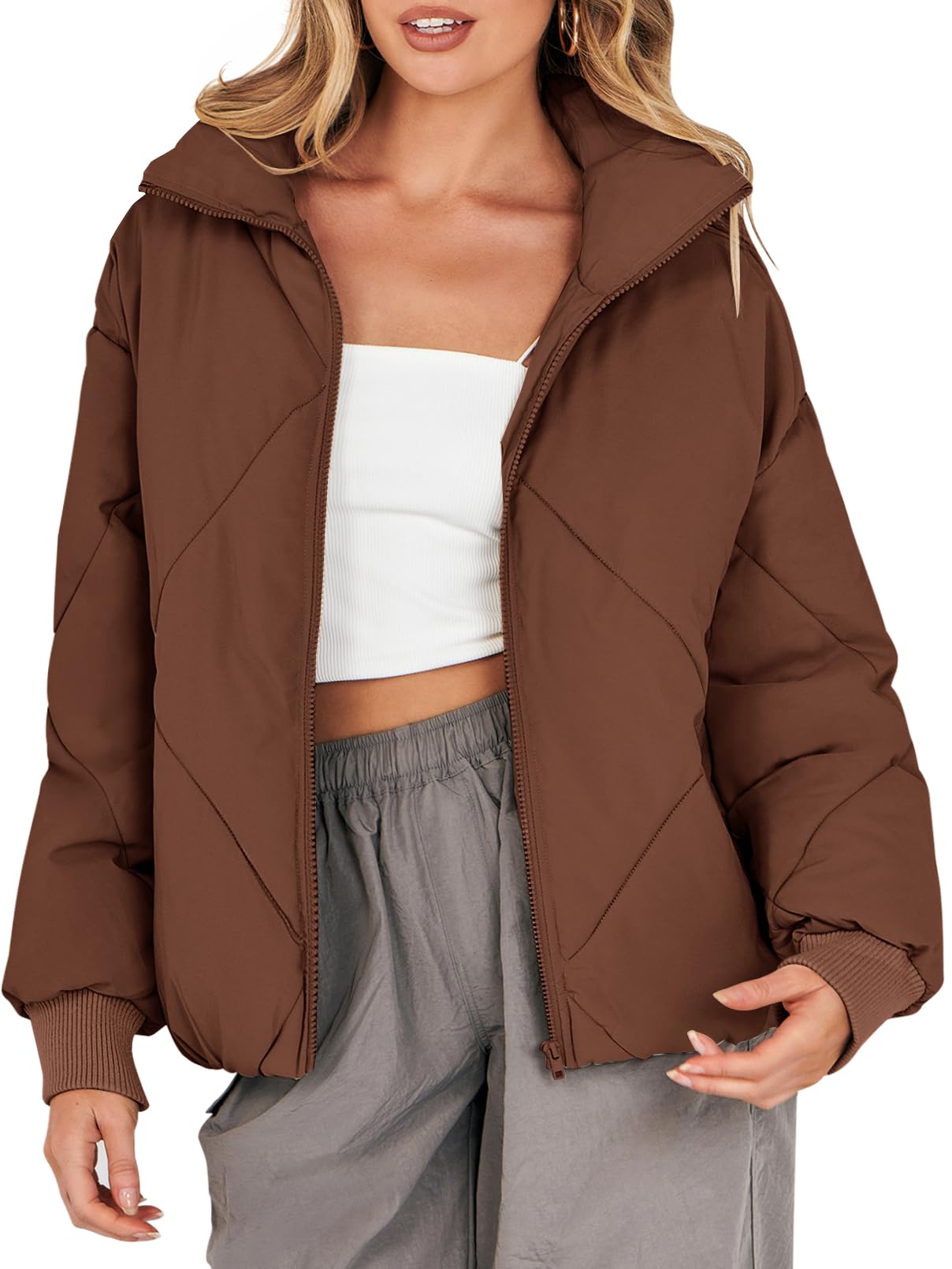 MEROKEETY Women's Casual Long Sleeve Stand Neck Puffer Coats Quilted ...