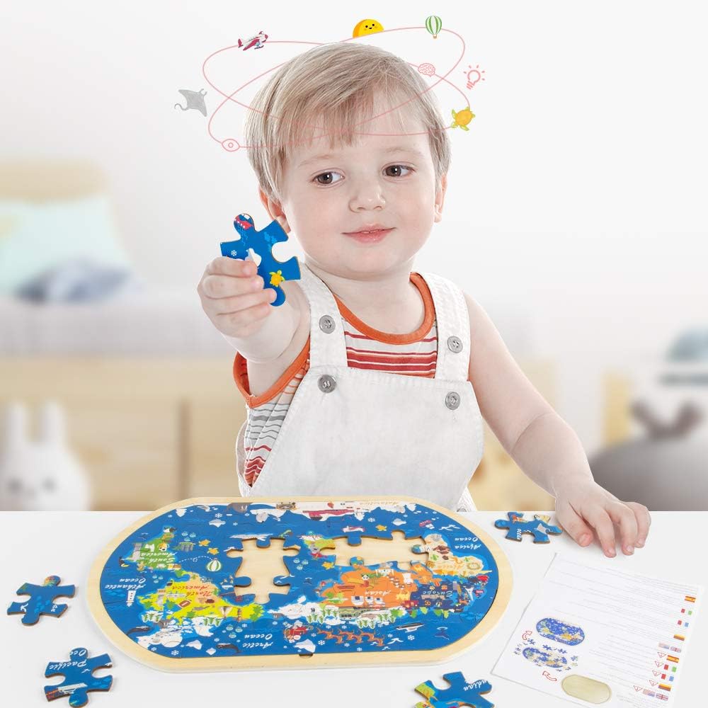 VATOS Wooden Jigsaws Puzzles for Toddlers, World Map Jigsaw Puzzles for ...
