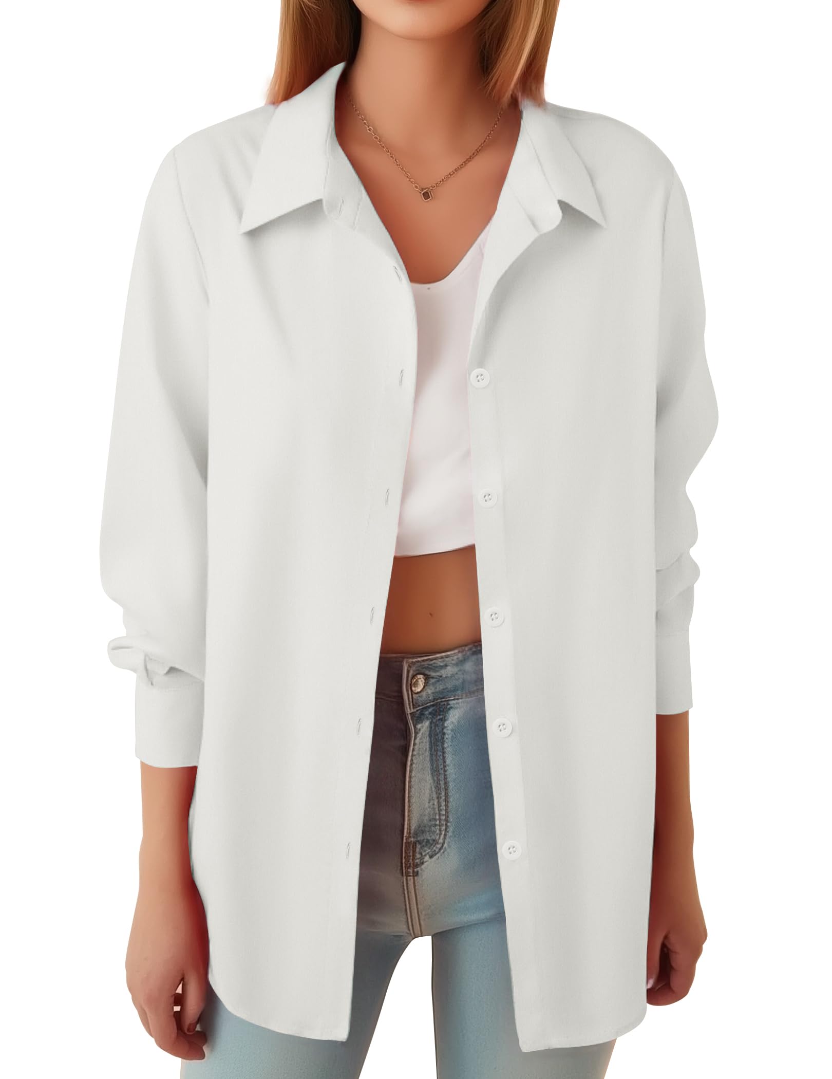 HOTOUCH White Button Down Shirt Women Long Sleeve Blouses Collared V Neck Solid Business Causal ...