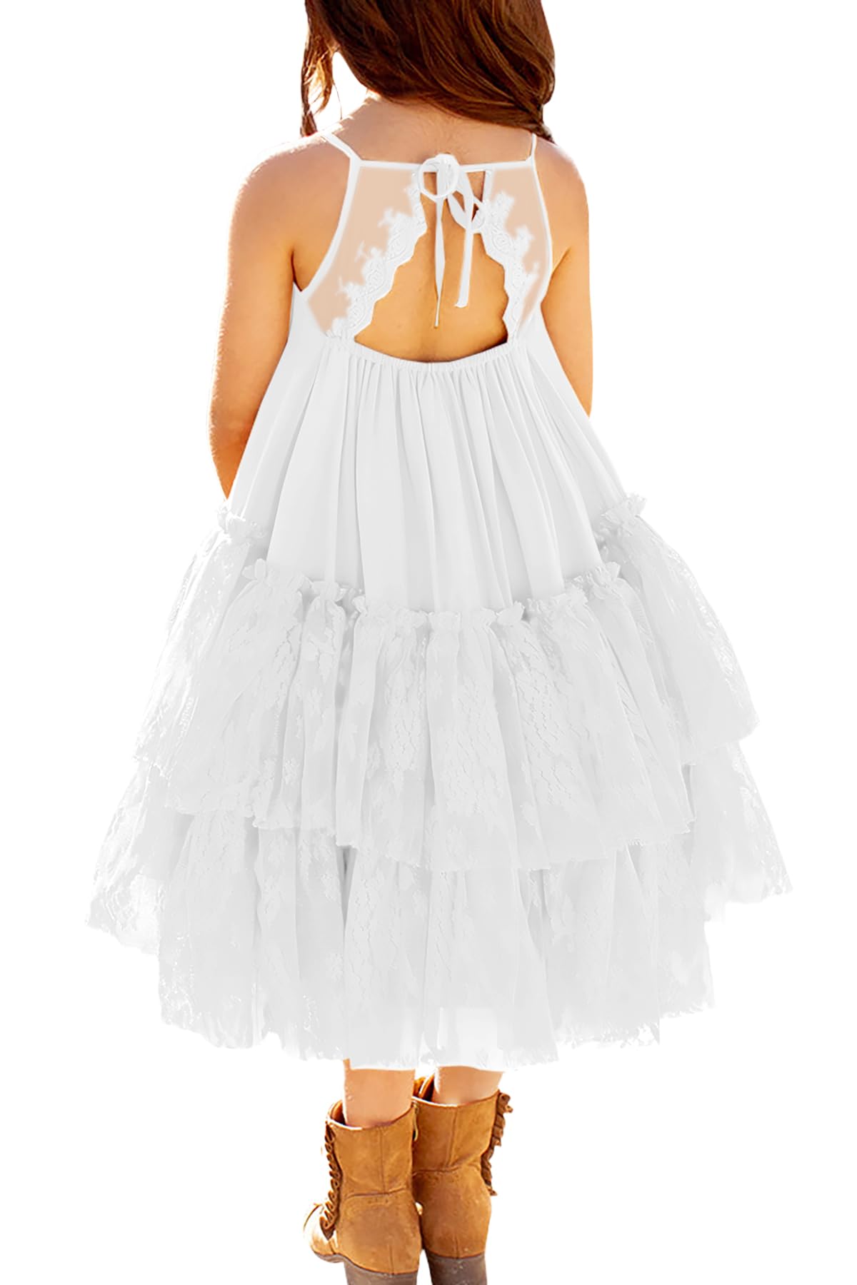 MITILLY Girls Boho Lace Backless Square Neck Sleeveless A Line Ruffle ...