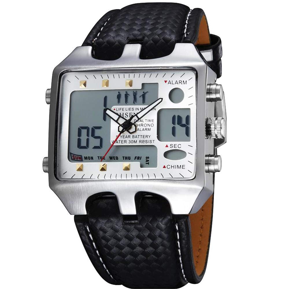 OHSEN Dual Time Big Face Analog Digital ALM Chime Day Date LED Mens ...