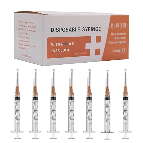 25 Gauge 1 inch Needle with Syringe(30 Pack) , 3ml Luer Lock Disposable Syringes with Needle ...