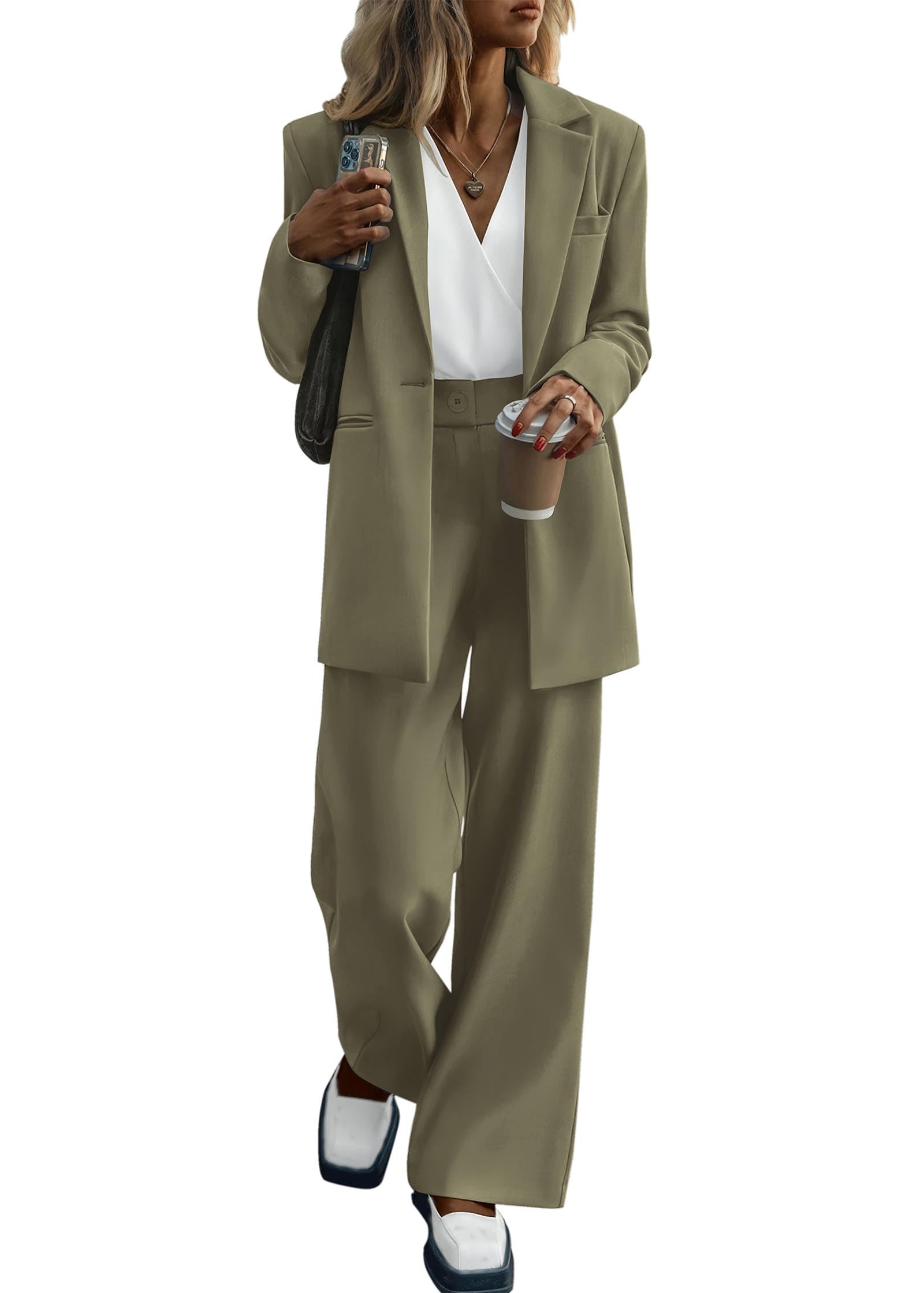 KIRUNDO Women's 2025 Spring Fall 2 Piece Blazer Set Casual Loose Long Blazer Jackets and Dressy ...