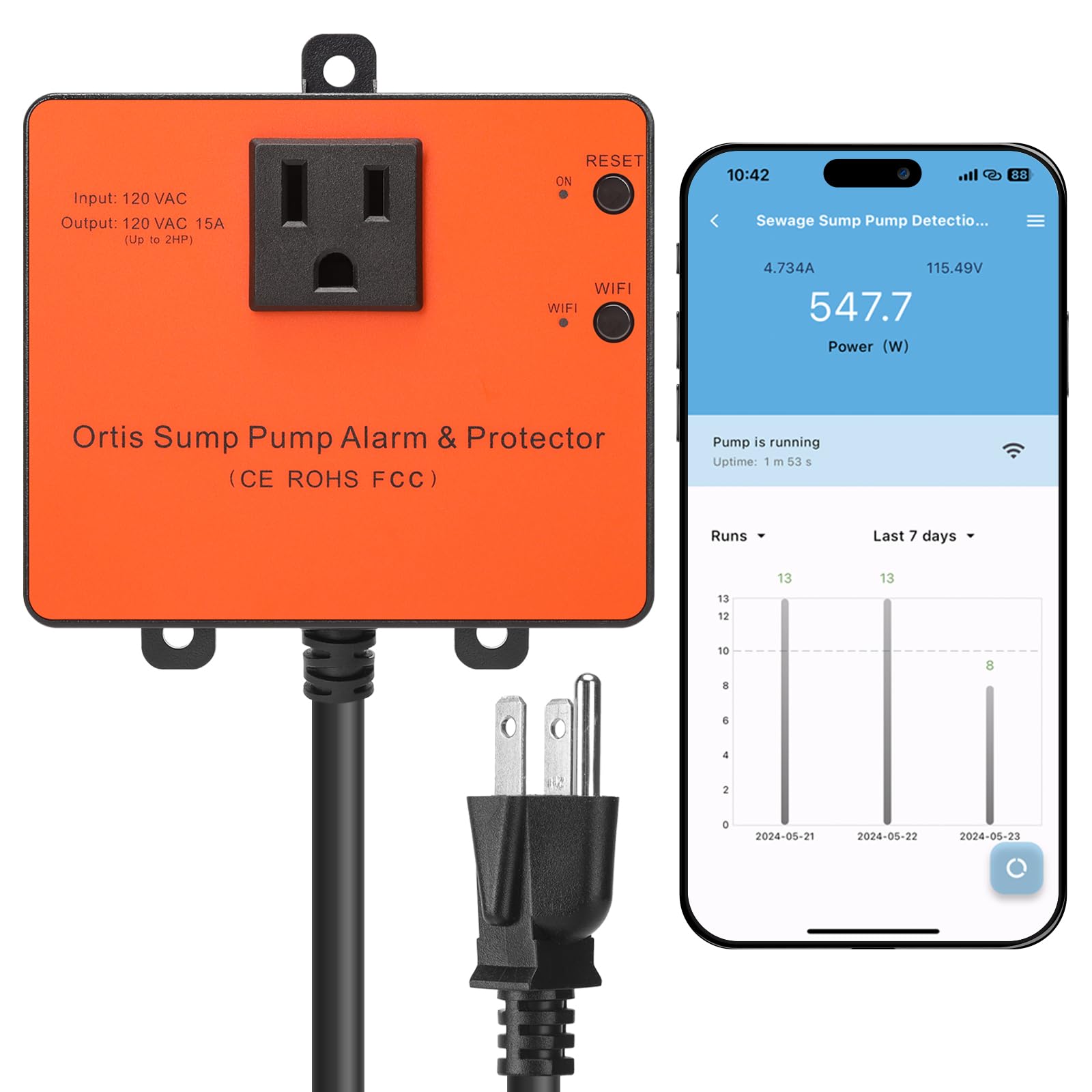 Ortis WiFi Sump Pump Monitor & Alarm, Real-Time Pump Status Monitoring ...