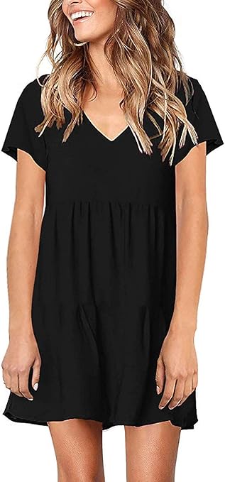 MISSLOOK Women's Short Sleeve Tunic Dress V Neck Ruffle Loose Mini ...
