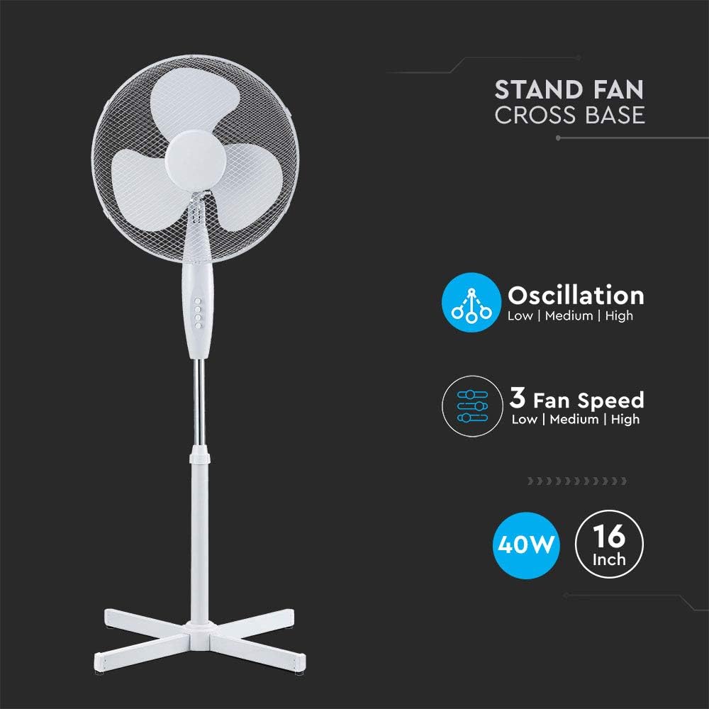 V-TAC VT-4016-3 40W Stand Fan with 600mm Cross Base-4 Buttons-3 Blades ...