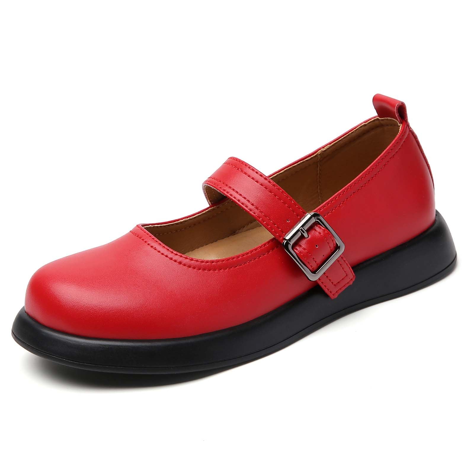Qjn Flats, Red Mary Jane Shoes Women Flat Comfortable Chunky Low Heels ...