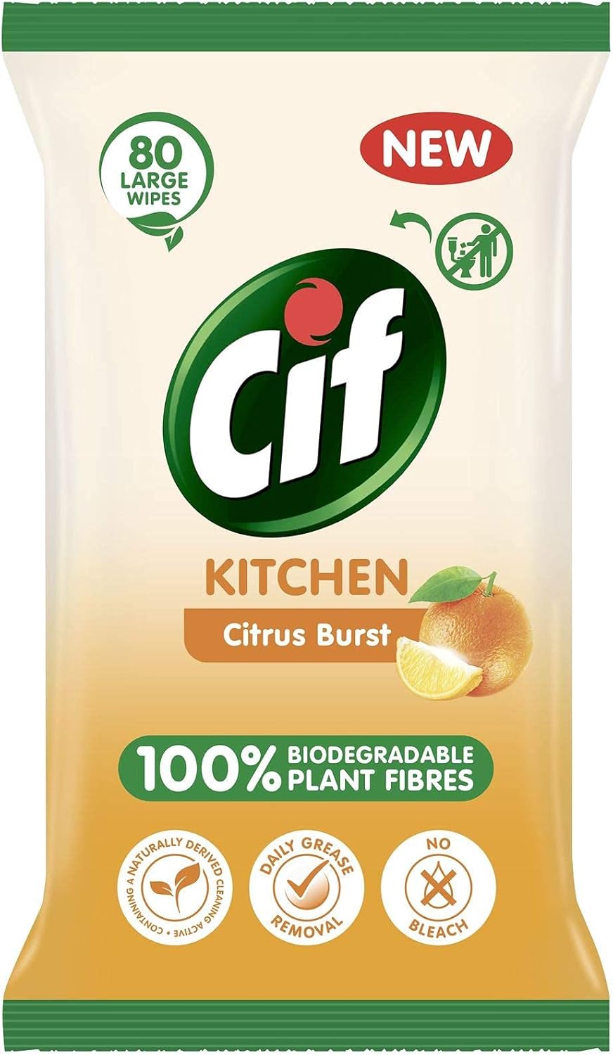 Cif Kitchen Citrus Burst 100% biodegradable plant fibres Cleaning Wipes ...