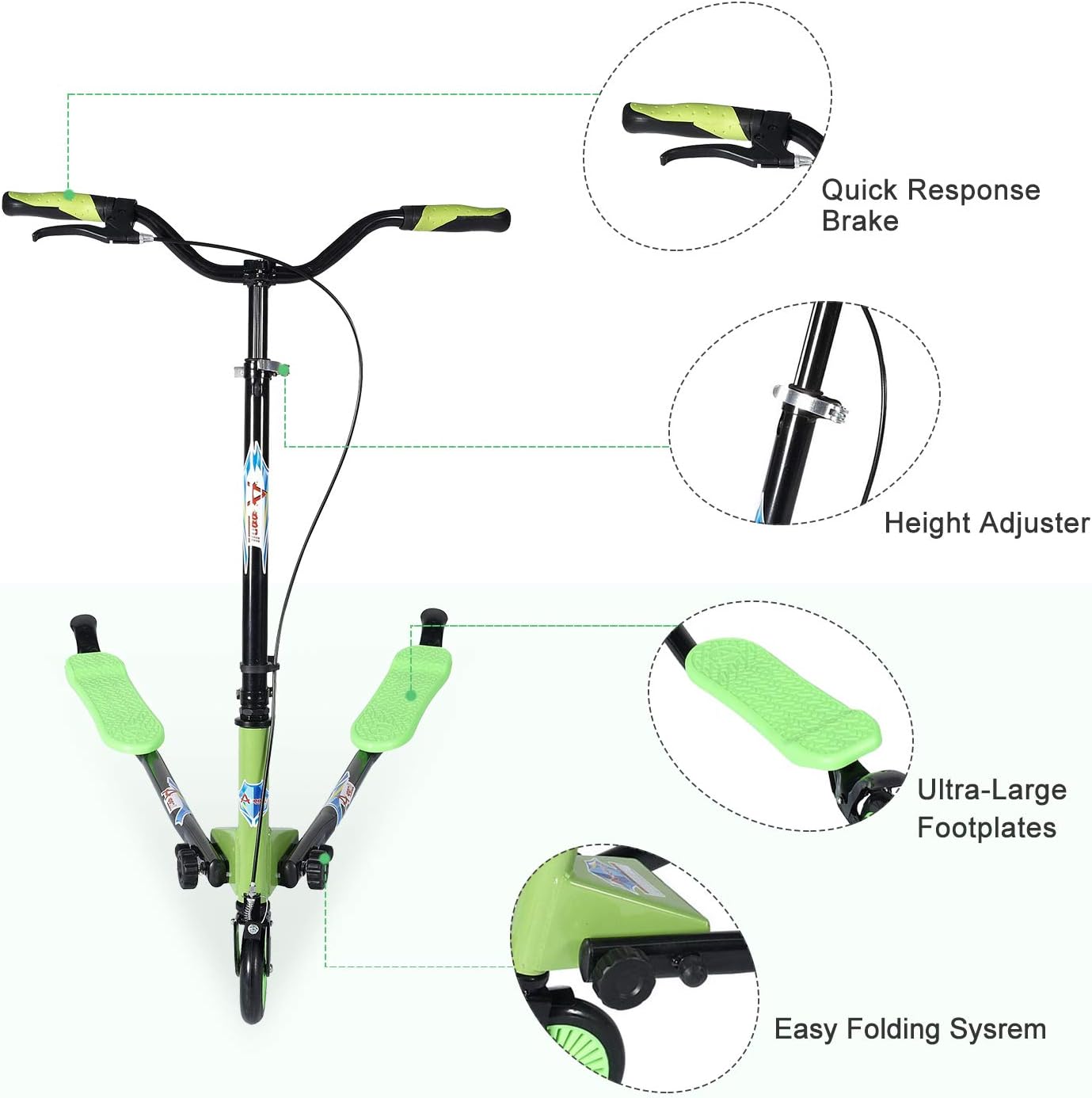 AOODIL Swing Scooter Adjustable 3 Wheels Foldable Wiggle Scooter Self ...