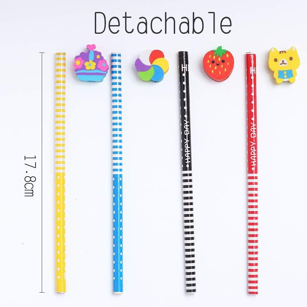 24pcs Wood Graphite Pencil Set with Cartoon Rubber Eraser,Pencils with ...