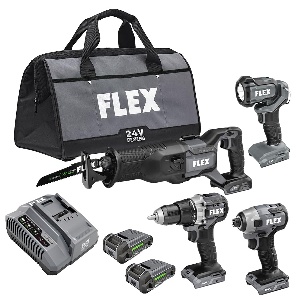 FLEX 24V Brushless Cordless 4-Tool Combo Kit: Drill Driver, Impact ...
