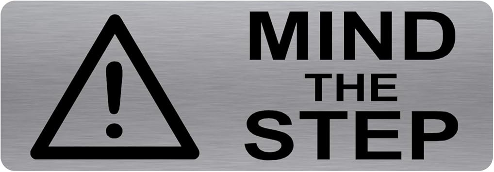 Mind The Step Sign-WITH IMAGE-Brushed Silver Aluminium Metal-Warning ...