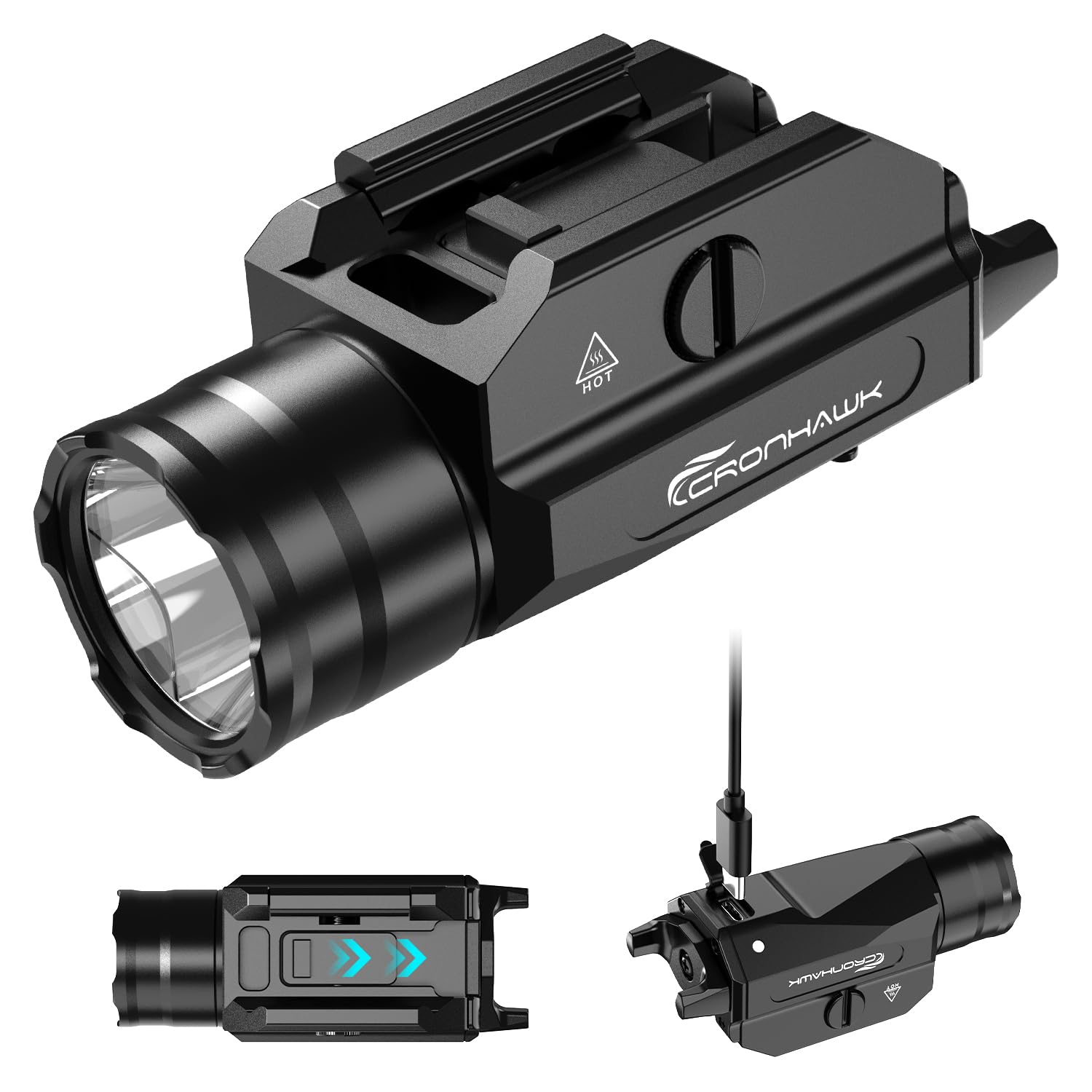 CRONHAWK Rechargeable Pistol Light, 1350 Lumen Rail Mounted Tactical ...