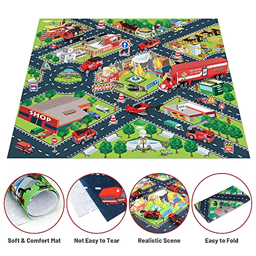 OENUX Diecast Fire Truck Emergency Rescue Vehicle Toy Set With Play Mat ...