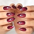 Amazon.com: Dark Red Mirror Press on Nails Medium Almond, Stiletto Fake Nails with Bling Design ...