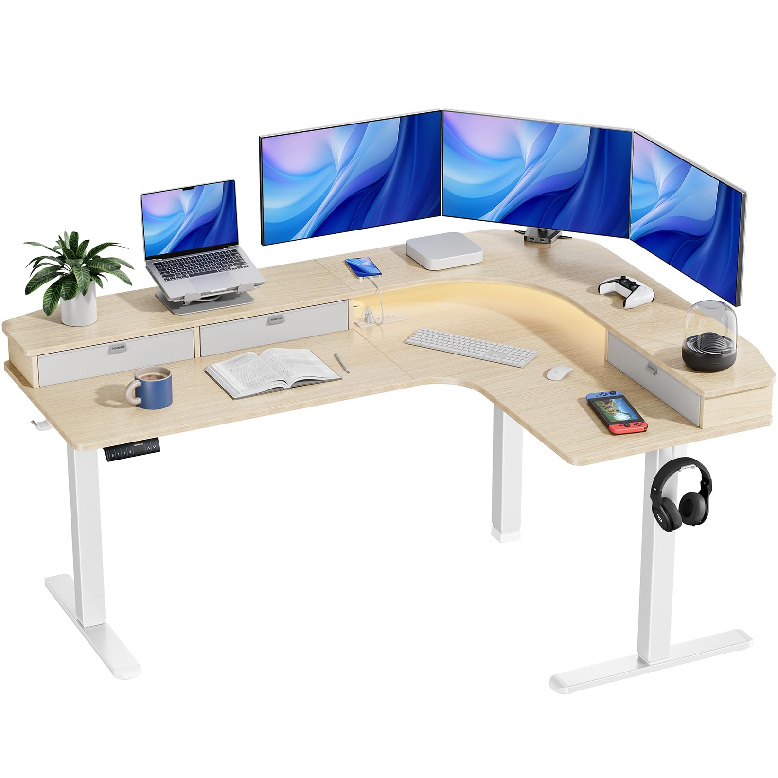 HUANUO 65? L-Shaped Standing Desk with Power Outlets & LED Strip ...
