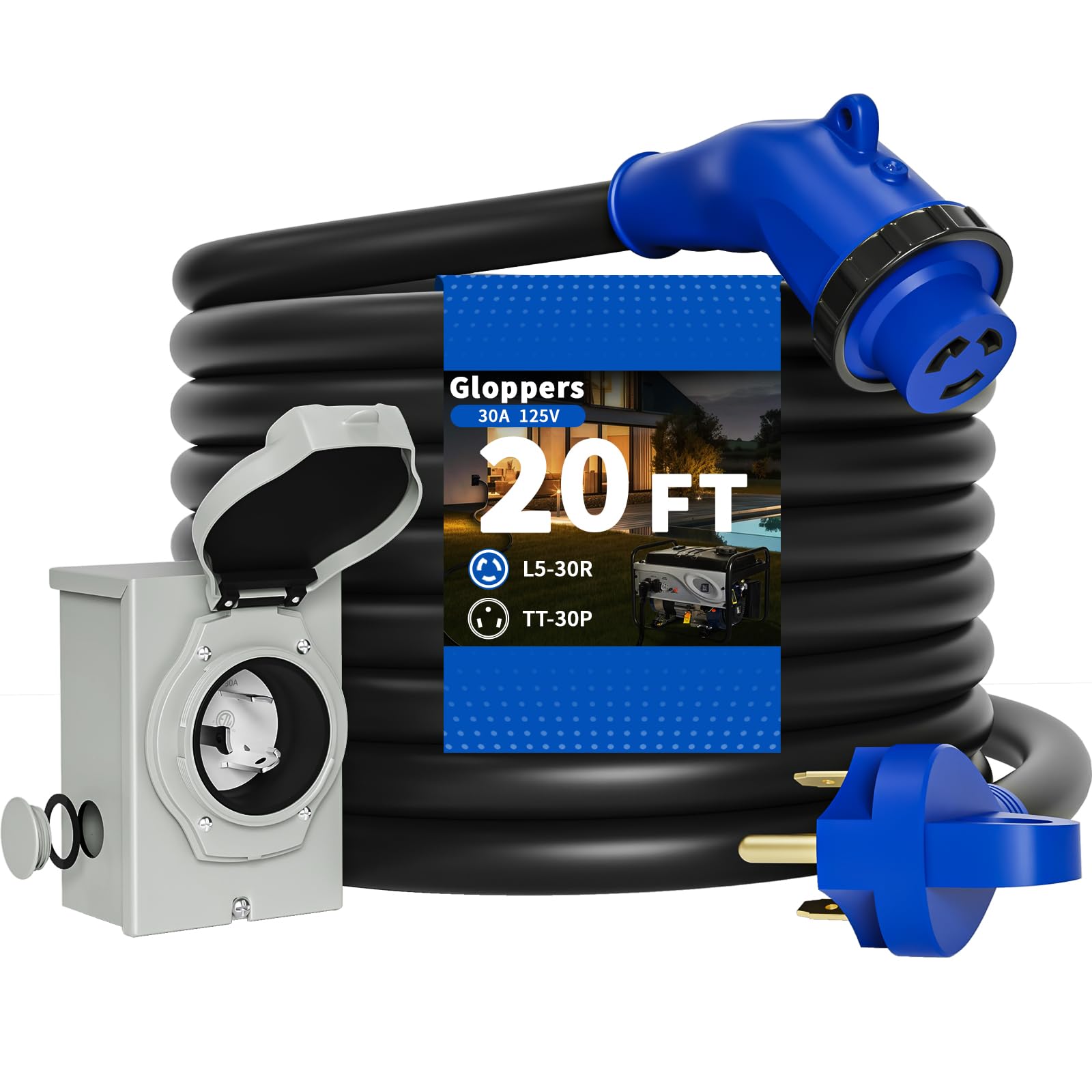 Gloppers 30 Amp Generator Cord and Power Inlet Box, 20FT Generator ...