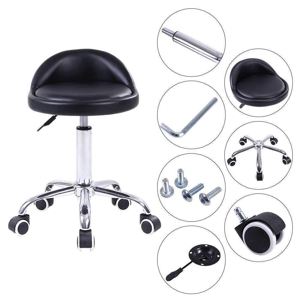 KKTONER PU Leather Round Rolling Stool with Back Rest Height Adjustable ...