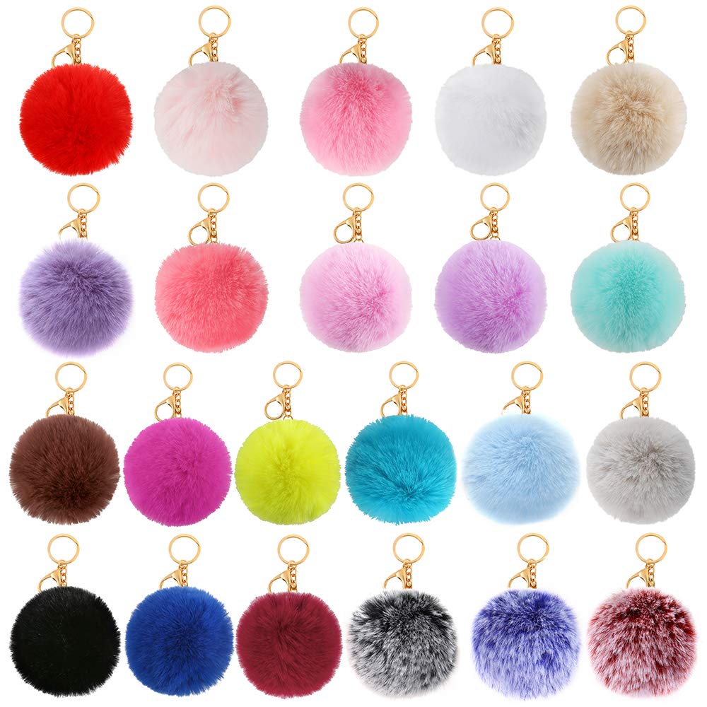 Auihiay 22 Pieces Pom Poms Keychains Faux Rabbit Fur Pompoms Keyring ...