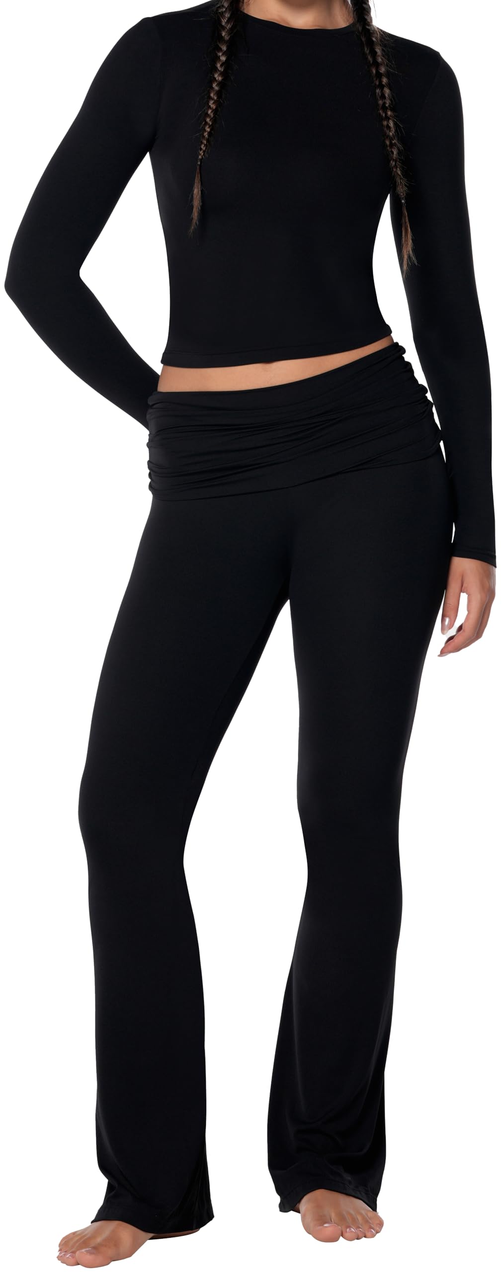 Sunzel Two Piece Sets for Women Long Sleeve Crop Top and Fold Over ...