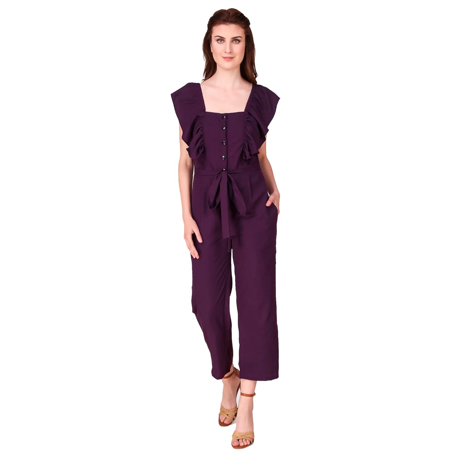 Buy WildSkin Women's Sleeveless Solid Knee Length Jumpsuit (Purple, L ...