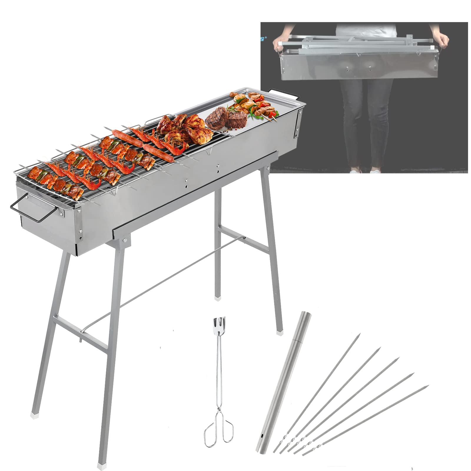 IRONWALLS Portable Charcoal Grills, L 32” x W 8” x H 31” Stainless Steel Folding Yakitori Grill ...