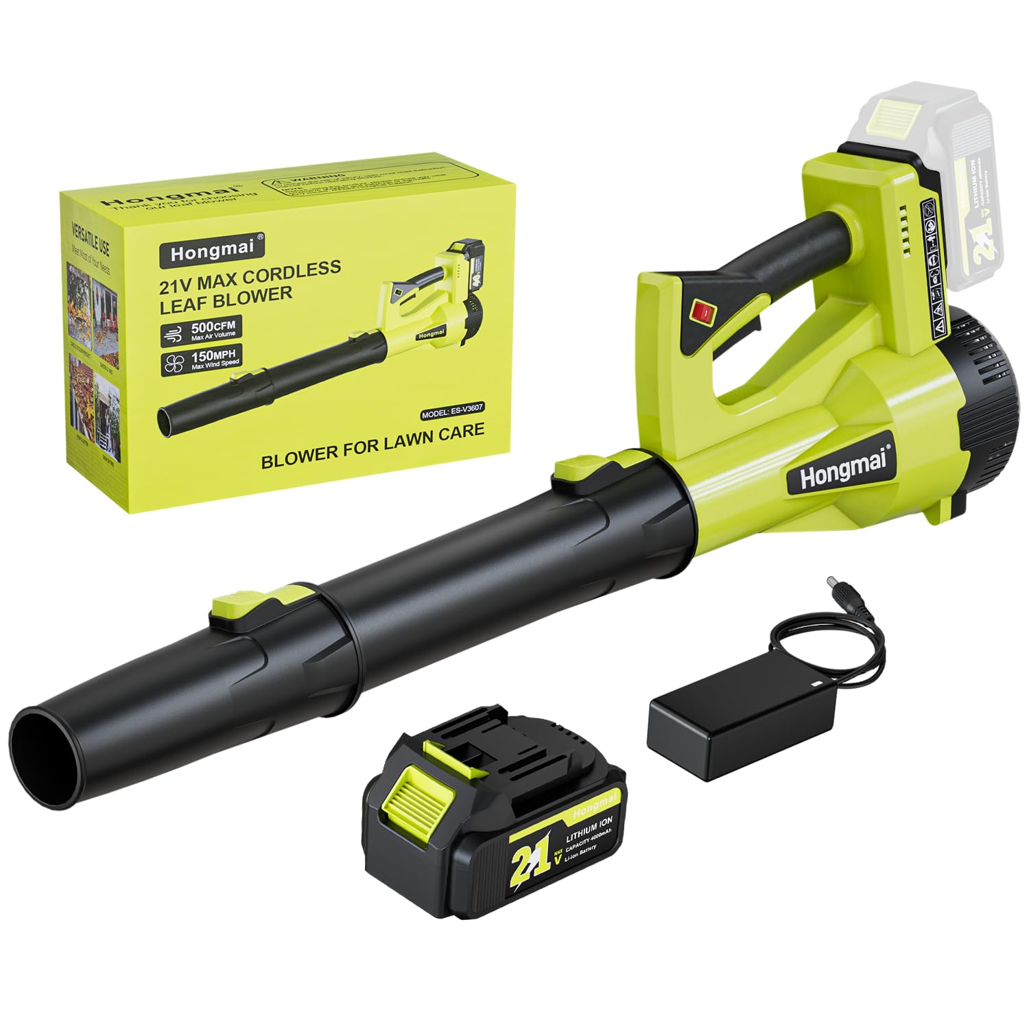 Hongmai Leaf Blower Cordless, 500 CFM 21V Electric Cordless Leaf Blower ...
