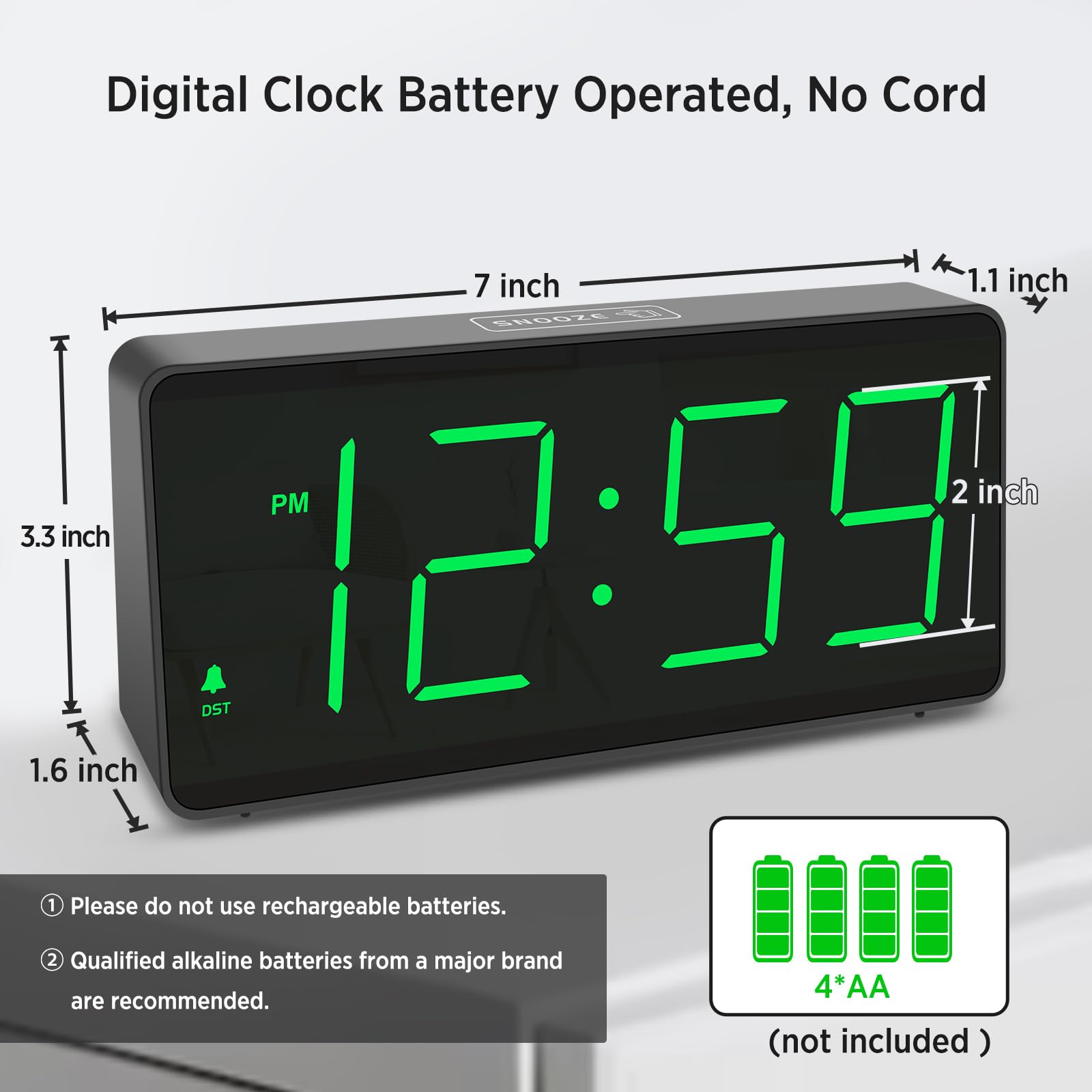 Battery Operated Digital Clock, Alarm Clock for Bedrooms - Cordless ...