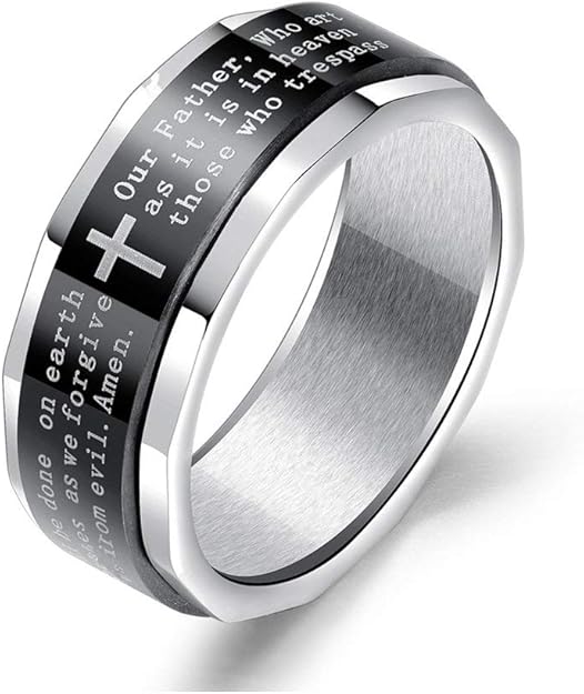 LAFATINA Bible in English Lords Prayer Cross Spinner Ring Men's Womens ...