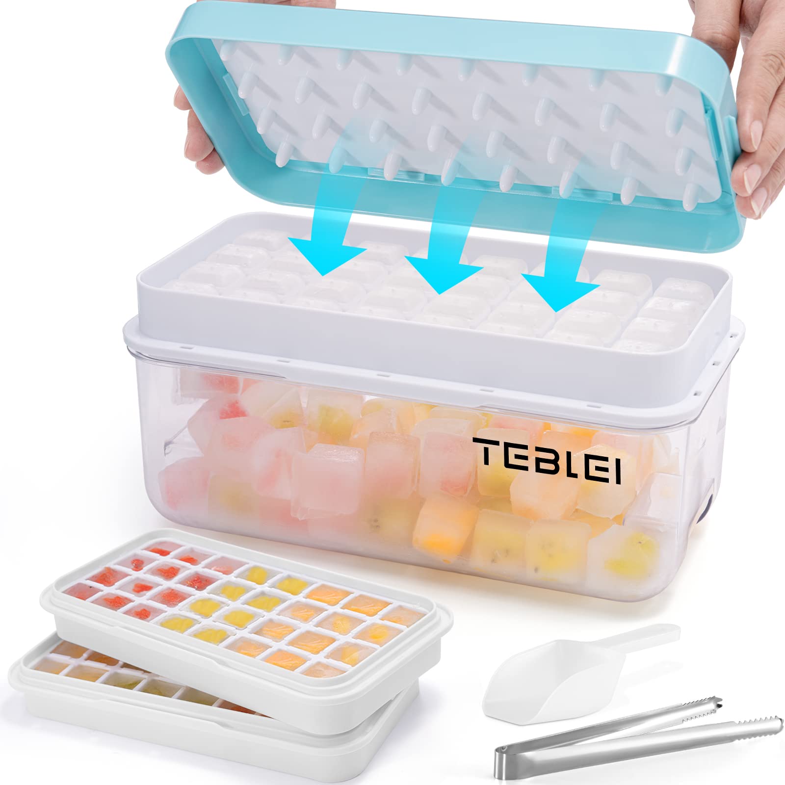 TEBLEI Ice Cube Tray with Lid and Bin, 64 Pcs Mini Ice Cube Trays with Scoop and Tongs, Ice ...