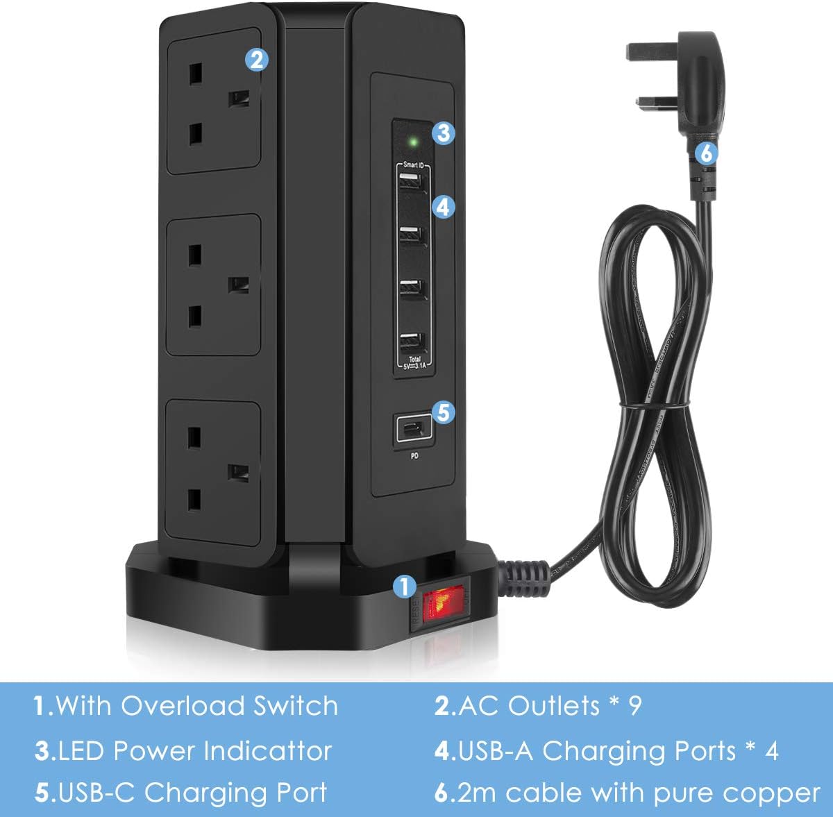 HOVNEE Power Strip Tower Multiple Socket 9-Port Socket with 5 USB ...